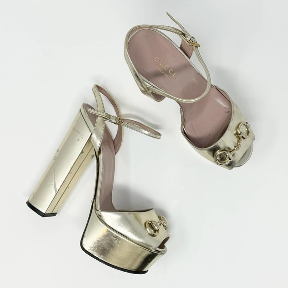 Gucci | Shoes | Gucci Claudie Gold Platform Sandal Horsebit Metallic ...
